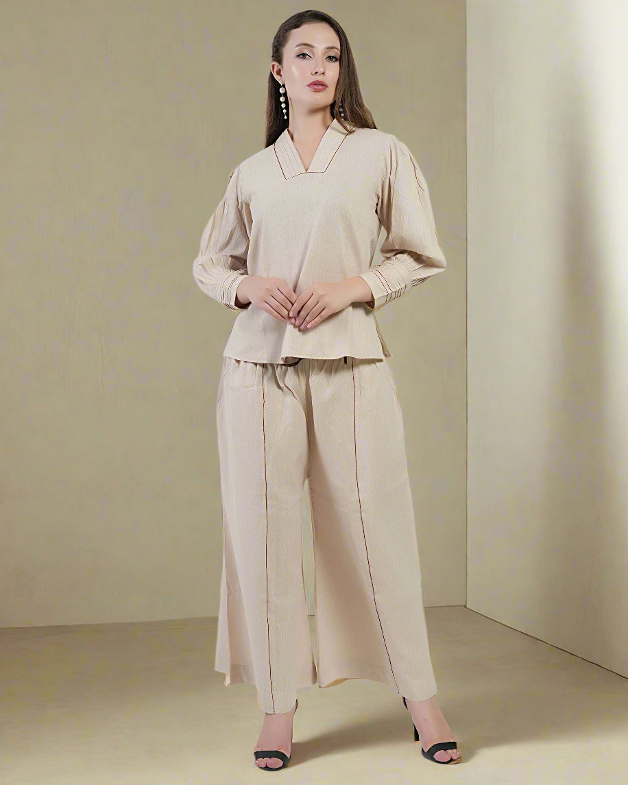 Beige V-Neck Gathered Cuff top & Wide-Leg pajama – Nirmal Trends