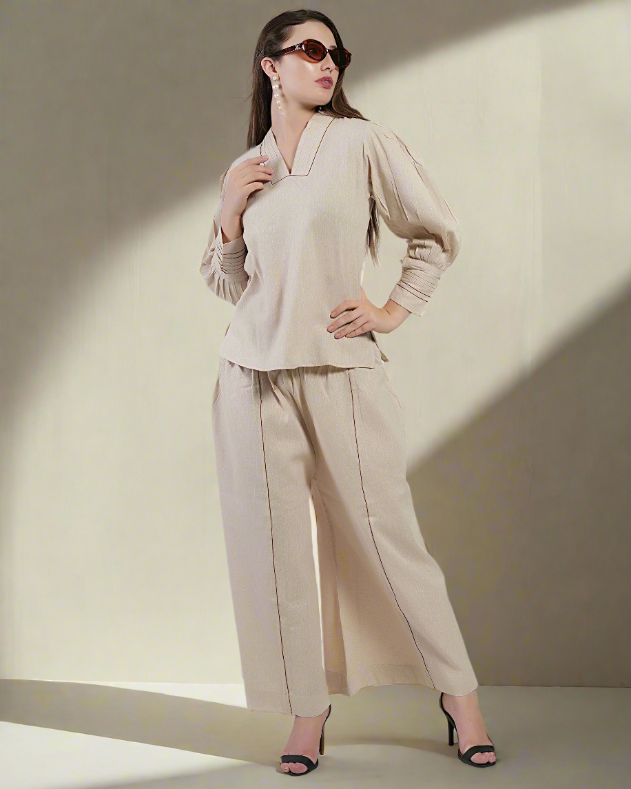 Beige V-Neck Gathered Cuff top & Wide-Leg pajama – Nirmal Trends